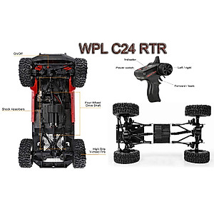 Apawband RC Truck WPL C24 RC Crawler 1/16 Scale 4x4 RC Rock Crawler All Terrain Off Road Pickup Truck RTR Remote Control LED Proportional Throttle Steering Hobby Toy for Adult