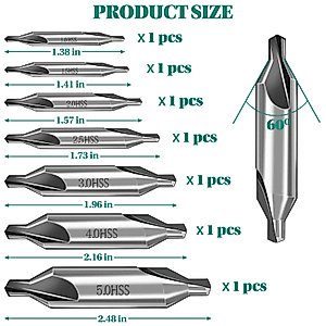 Kicyosl 7 Pcs Upgraded Center Drill Bits Set, High Speed Steel 60-Degree Angle Center Drill Bits Kit Countersink Tools for Lathe Metalworking Size 1.0 1.5 2.0 2.5 3.0 4.0 5.0