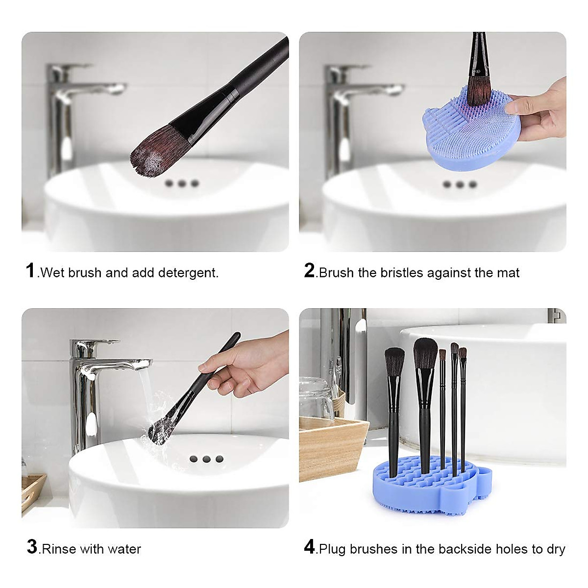 OMSM Brush Cleaning Mat+Color Removal Sponge，2 in 1 Silicone Brush Cleaning Mat with Holder for Storage&Air Dry Brushes,Clean Makeup Brushes Instantly-Blue