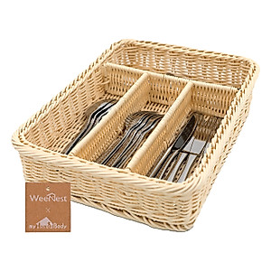 myHomeBody Rectangle Wicker Utensil Holder, Utensil Organizer, Cutlery Organizer for Kitchen Organization, Kitchen Utensil Drawer Organizer Kitchen Accessories, Resin Wicker 1 pc, Cream