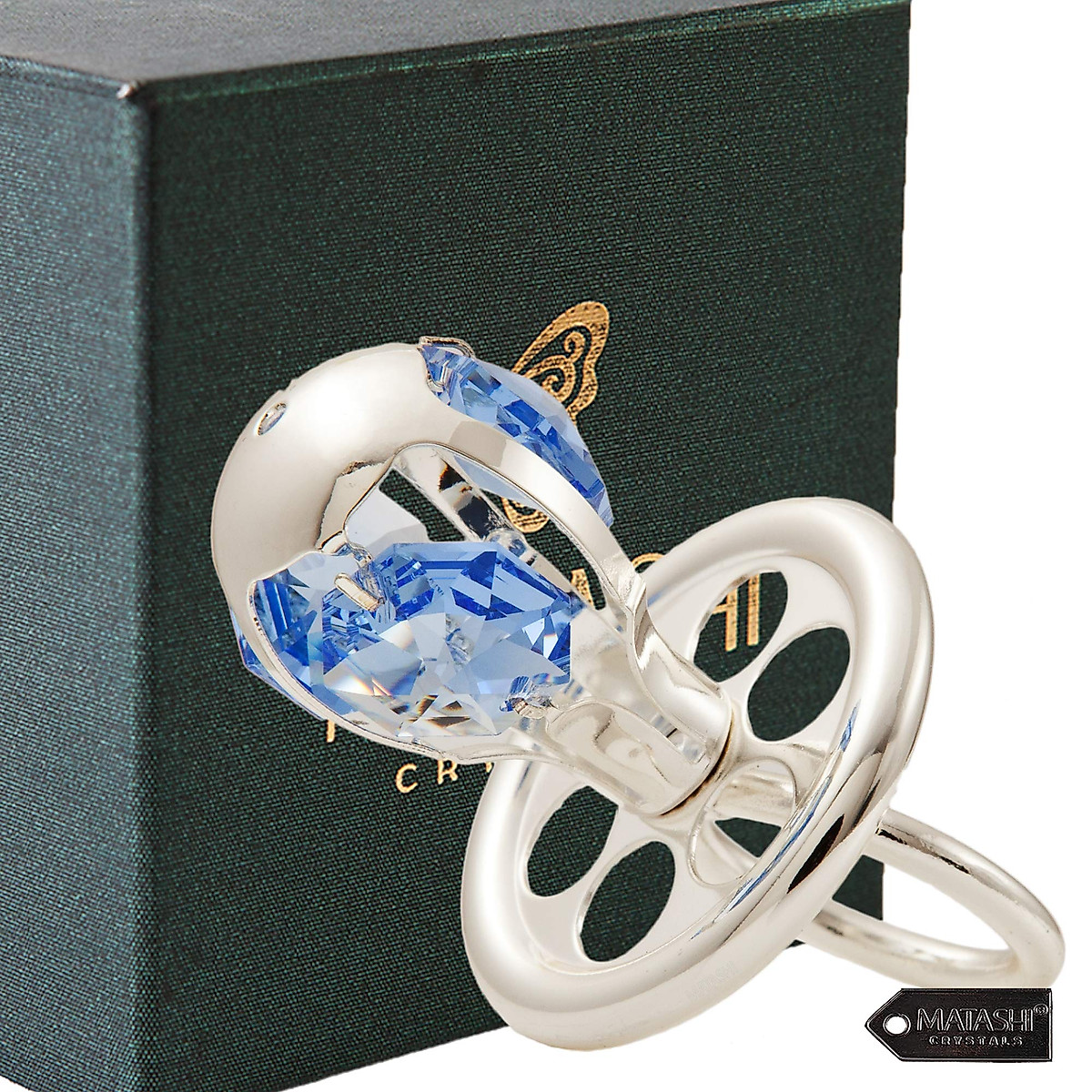 Matahi Silver Plated Crystal Studded Pacifier Ornament with Blue Crystals Baby's First Christmas Holiday Ornament and Hanging Pendant - Great Gift for Baby Shower, New Born Baby Gift