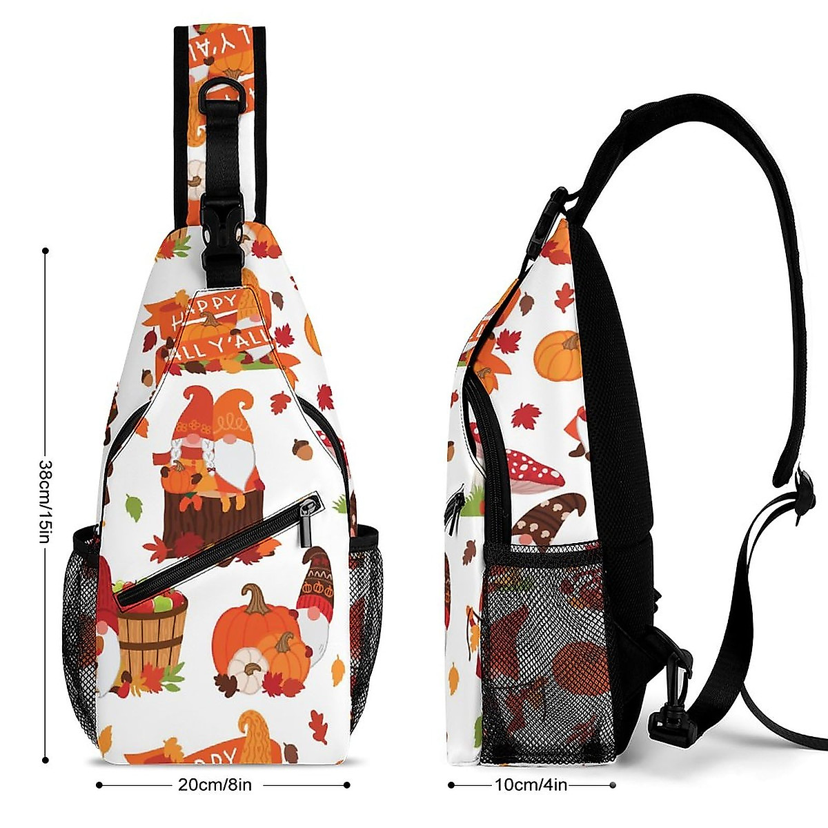 MoBlinko Sling Bag Cute Autumn Gnome Pumpkin Women Men Crossbody Bag Happy Fall Y'all Adjustable Sling Backpack Chest Bag for Hiking