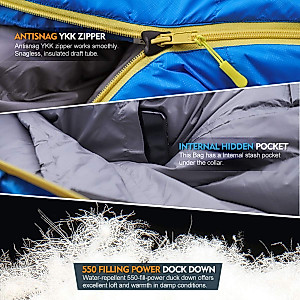 ZOOOBELIVES 10 Degree F Hydrophobic Down Sleeping Bag for Adults - Lightweight and Compact 4-Season Mummy Bag for Backpacking, Camping, Mountaineering and Other Outdoor Activities – Alplive D1500