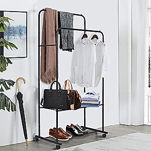 MOUTIK Double Rod Clothing Hanging Rack: Metal Rolling Garment Organizer Hanger with 2 Tier Storage Shelves - Industrial Rail Hang Clothes Display Stand on Wheels for Coat Dress Bedroom Black