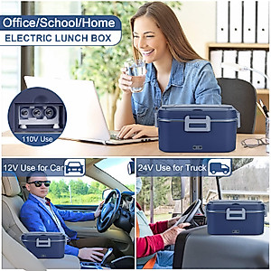 BHeadCat Electric Lunch Box Food Heater, 75W 1.8L Protable Heated Lunch Box for Adults Work Food Heating, Leak Proof Removable Stainless Steel Container, 12V/24V/110V for Car Truck Home