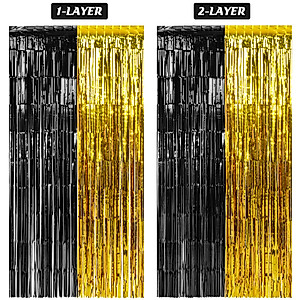 3Pack 3.3Ft x 6.6Ft Graduation Foil Fringe Curtain Backdrop Decorations, Black Gold Metallic Tinsel Foil Streamers Curtain Photo Booth Background for Graduation Prom Wedding Birthday Party Decorations