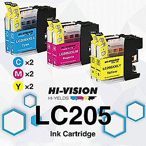 HI-VISION HI-YIELDS Compatible LC205xl Ink Cartridges Replacement for Brother LC-205xl Work with MFC-J4320DW J4420DW J4620DW J5520DW, (2X Cyan, 2X Magenta, 2X Yellow, Total 6-Pack)