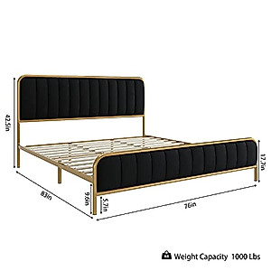HITHOS King Size Bed Frame, Upholstered Bed Frame with Button Tufted Headboard, Heavy Duty Metal Mattress Foundation with Wooden Slats, Easy Assembly, No Box Spring Needed (Golden/Black, King)