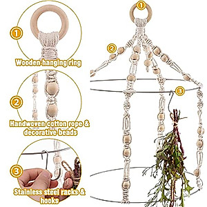 ZUKPUMNE Herb Hanging Drying Rack, Herb Drying 15 Hooks with Rack, Kitchen Decor Flower Drying Hanging Rack, Boho Macrame Handcrafted Drying Rack for Herbs and Plants