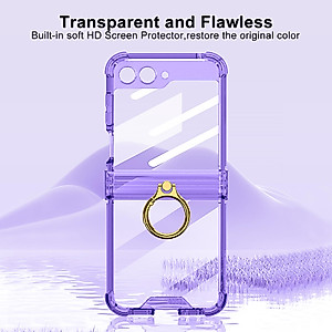 PUROOM for Samsung Galaxy Z Flip 5 Case Hinge Protection Luxury Soft Transparent with Ring Holder Built-in Screen Protector All-Inclusive Shockproof Case (Purple)