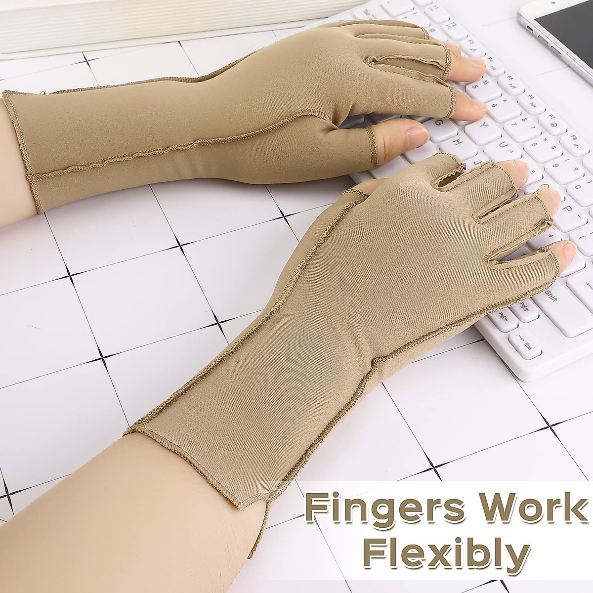 Janmercy 3 Pairs Arthritis Compression Gloves Outside Seams Fingerless Compression Gloves for Women Men Carpal Tunnel Swelling (Nude, Normal)