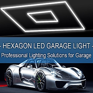 lylunnamsp Hexagon LED Garage Light: Higher Brightness 51840 Lumens Hexagon Garage Led Ceiling Light with 2 Rectangular Borders 6500K for Garage, Auto Beauty Shop, Car Detailing Shop etc,White