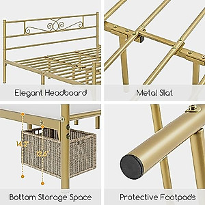Yaheetech King Size Bed Frame Iron Mattress Foundation with Scroll Design Antique Gold Iron-Art Headboard and Footboard No Box Spring Needed Platform Bed for Beddrooms Guestrooms Dormitories