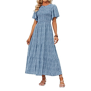 ZESICA Women's 2025 Summer Casual Floral Print Short Flutter Sleeve Crew Neck Smocked High Waist Flowy Maxi Dress,Blue,Large