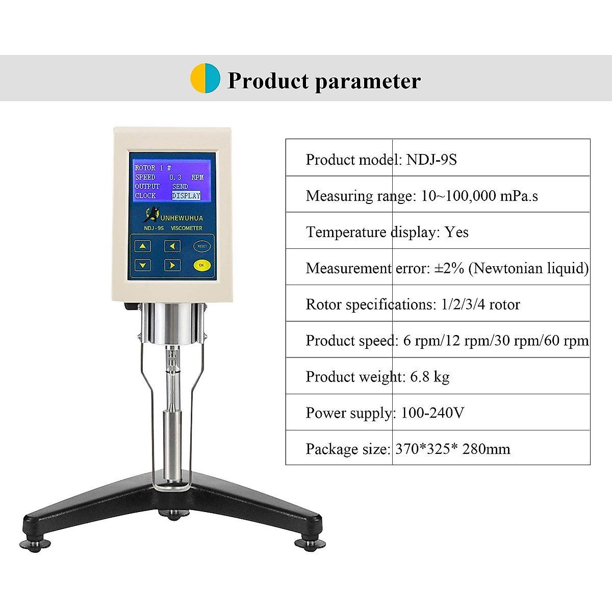 NDJ-9S Rotary Viscometer 15-100,000 mpa.s Digital Viscosity Meter Tester with Temp Probe Digital Display Viscometer 100-240v