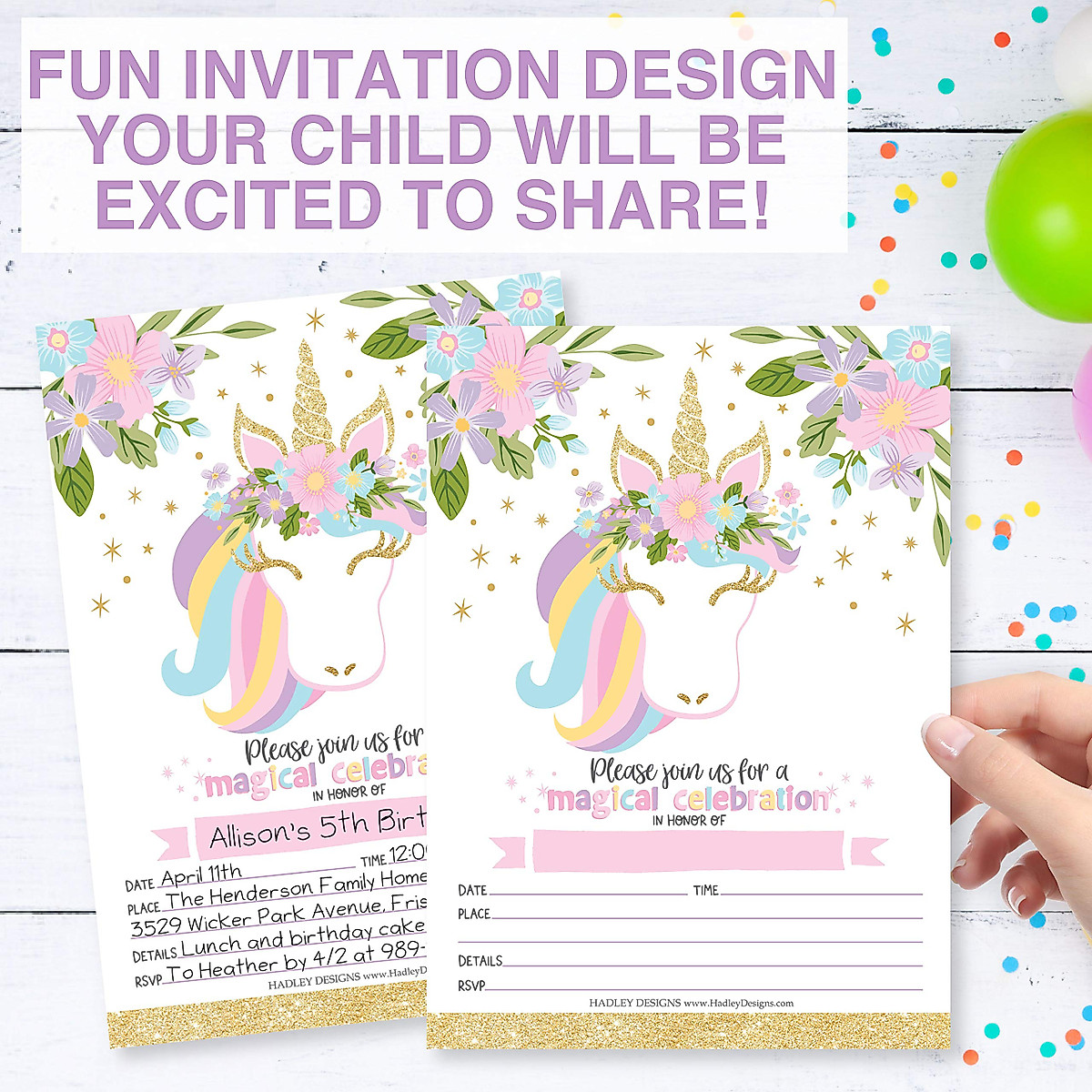 Hadley Designs 25 Pastel Unicorn Kid Party Invitation, Birthday Royal Princess Queen Crown Girl Bday Invite, Magical Rose Pink Gold Floral Glitter Rainbow Bday Idea, Magic Fairytale Printable Template