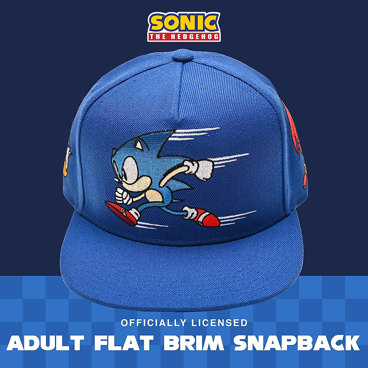 Sonic The Hedgehog Baseball Cap, Adult Adjustable Snapback Baseball Hat with Flat Brim, Allover Royal, One Size