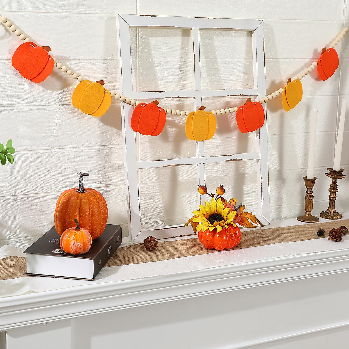 Fall Decor-Fall Decorations for Home-Felt Pumpkins Wood Bead Garland for Fall Decor- Halloween Thanksgiving Farmhouse Felt Pumpkins Banner for Fireplace Mantel Walls