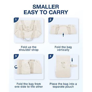 BAGSMART Women Foldable Tote Bag with Drawstring Storage Bag, Large Tote Bag Shoulder Bag Top Handle Handbag for Travel, Work, Beach, Gym, Shop, (Beige)