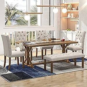 Goohome 6-Piece Farmhouse Kitchen Dining Set, Mid-Century Wood Rectangular Table, 4 Flannelette Upholstered Chairs and Bench Family Furniture, for Home, Apartment, Walnut