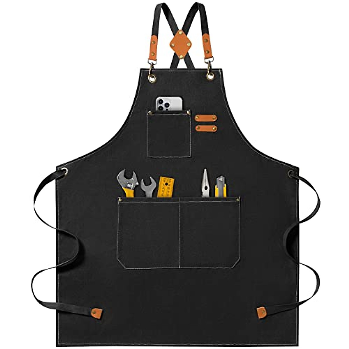 Riqiaqia Chef Apron for Women Men, Cotton Canvas Cross Back Apron with Adjustable Strap and Large Pockets (black)