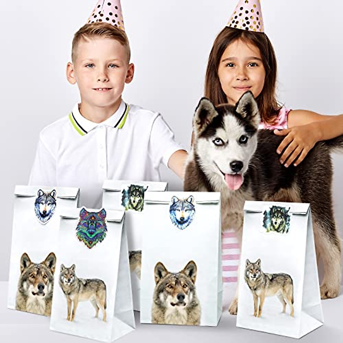 24 Pcs Wolf Party Treat Bags Wolf Goodie Favor Treat Bags Wolf Paper Present Bags with 24 Pcs Wolf Field Stickers for Wolf Themed Gift Bags Wolf Birthday Party Decorations Supplies