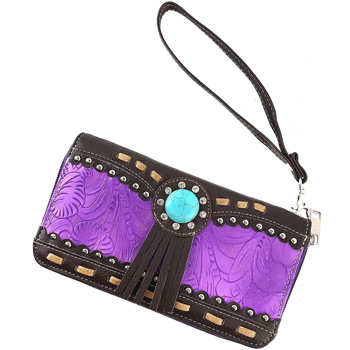 Zelris Turquoise Concho Western Floral Women Wrist Handle Bifold Zipper Wallet (Red)