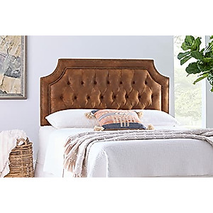 Design 59 D59 Distressed Vegan Leather Upholstered Tufted Button Queen Headboard with Brass Nailheads Queen/Full Size Headboard – Adjustable Height (Chestnut Vegan Leather)