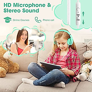 Kids Wired Headphones with Microphone, 85/94dB Volume Limiter, Shareport, Foldable Adjustable Stereo Tangle-Free 3.5MM Wire Cord Over-Ear Headphone for Smartphones/PC/Tablet/School/Trip(Green)
