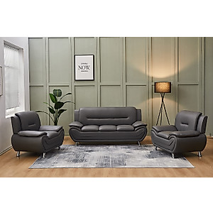 Kingway Faux Leather Living Room Sofas, 3 SEAT, Gray