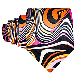 Barry.Wang Men Tie Set Print Orange Hot Pink Black Silk Necktie Pocket Square Cufflinks Formal Wedding Party Business