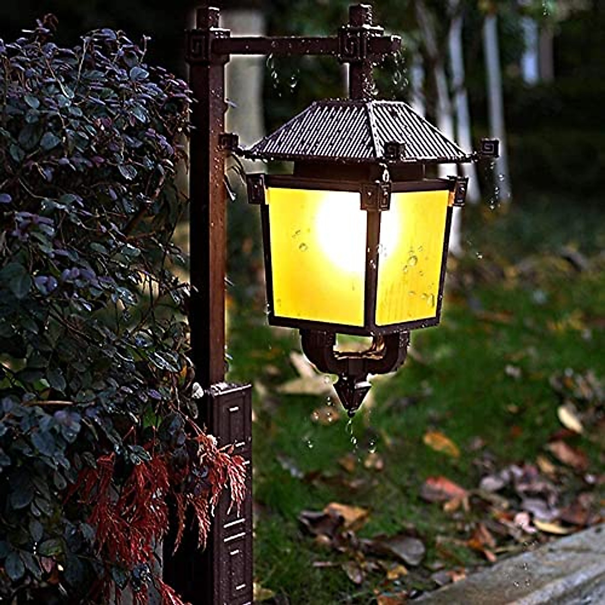 ACLBLK European Coffee Gold Yellow Lampshade E27 Antique Street Lamp IP55 Waterproof Garden Glass Lantern Post Pole Light Landscape Home Patio Path Lighting Villa Park Pillar Floor Lamp