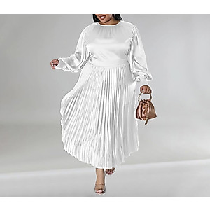 KELYWELL Plus Size Pleated Maxi Dress for Women's 2023 Fall Lantern Long Sleeve Flowy Swing Pleated Maxi Dress Clubwear (White,Large)