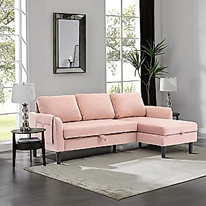 PEIHONGET Sleeper Sectional Sofa, 72.44" Velvet L-Shape 3 Seat with Pull Out Bed, Sectional Sofa Couch with Storage Chaise Living Room Bedroom Apartment(Pink)