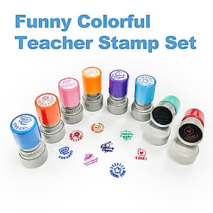 Round Teacher Stamps for Grading Classroom, Set of 8 Color Rubber Teacher Self-Inking Stamp Set for Homework Teacher Supplies