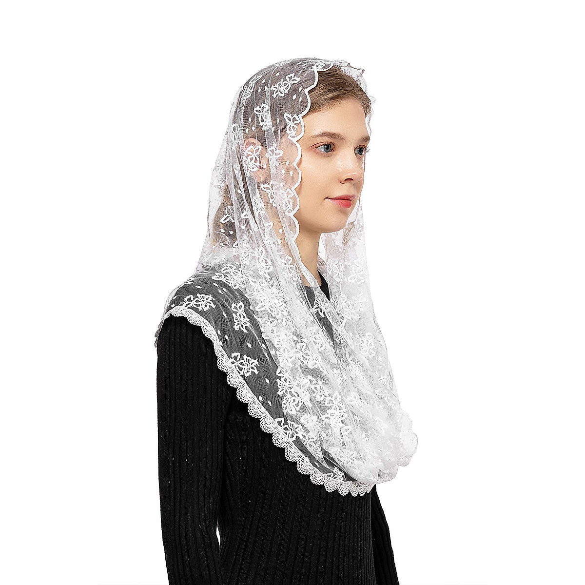 Wgior Embroidered Lace Chapel Veil Infinity Mantilla Veils Catholic Church veil Latin Mass Head Covering Scarf (White)
