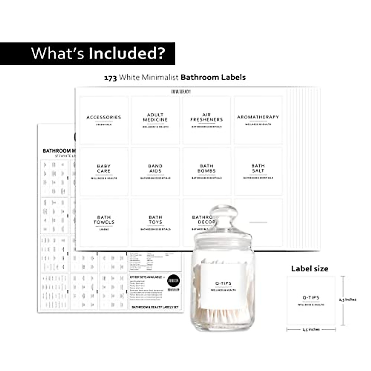 Dekluttr 173 Minimalist Bathroom Labels for Organizing Bathroom Preprinted Waterproof Organization Labels for Storage Bins Containers and Jars Sticks to Glass Plastic and Metal