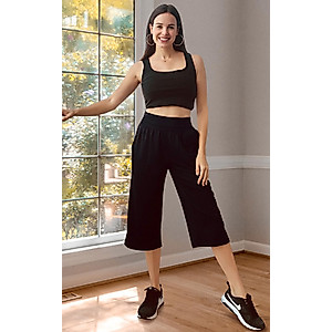 TARSE Women's High Pleated Waisted Capri Pants Casual Wide Leg Grey Yoga Pants Loose Soft Pajamas with Pockets Sweatpants Light Gray 2XL XXL