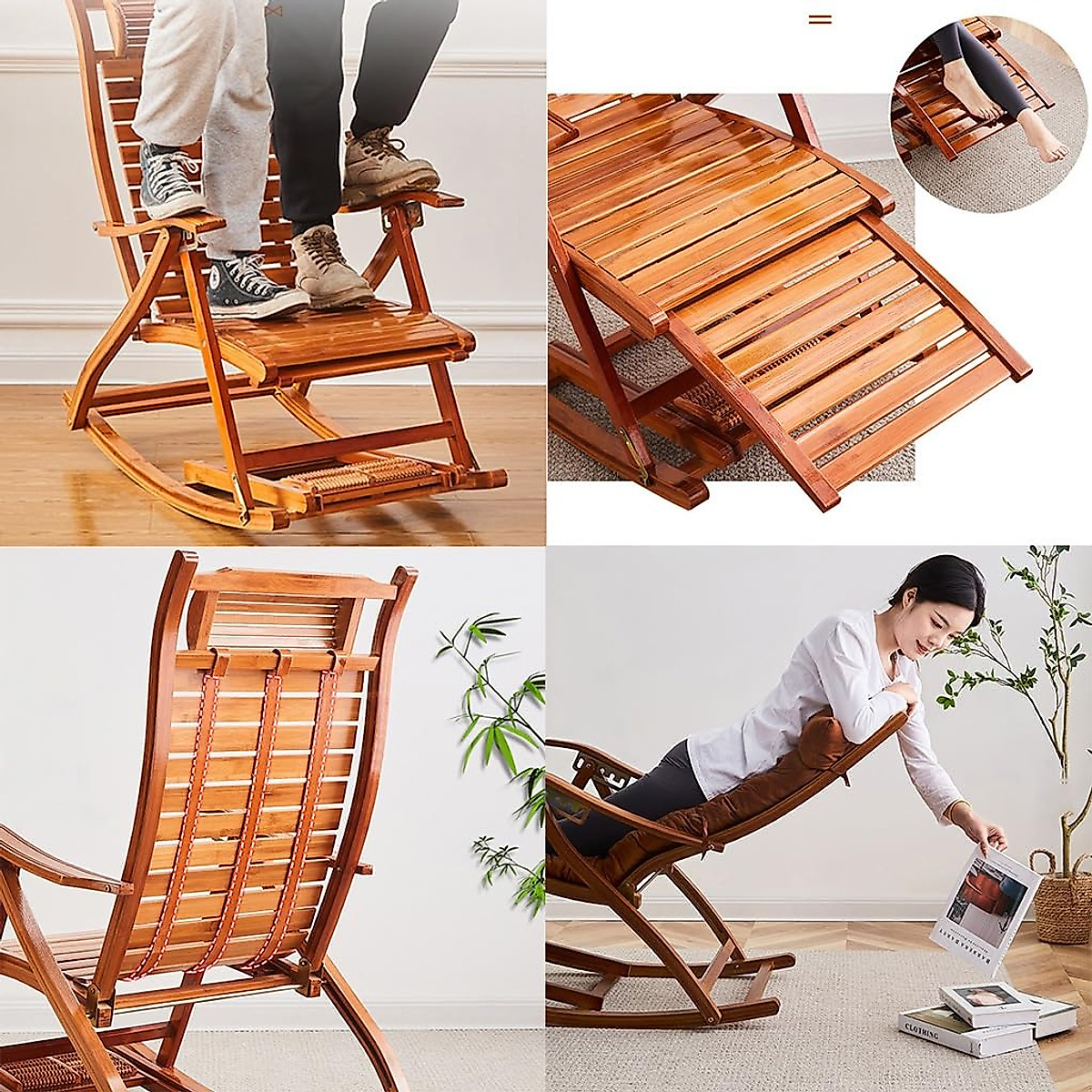 MOOTEK Folding Bamboo Rocking Chair, Old Man Lunch Break Solid Wood Lounge Chair, 5 Adjustable Back Chairs, with Armrest Foot Massage Pillow, Portable Outdoor Beach Terrace Chair