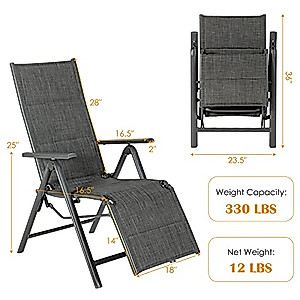 Giantex Reclining Patio Chairs 7 Positions Adjustable Backrest Outdoor Folding Recliners Aluminum Frame Padded Lounge Chair Lawn Porch Furniture (1, Gray)