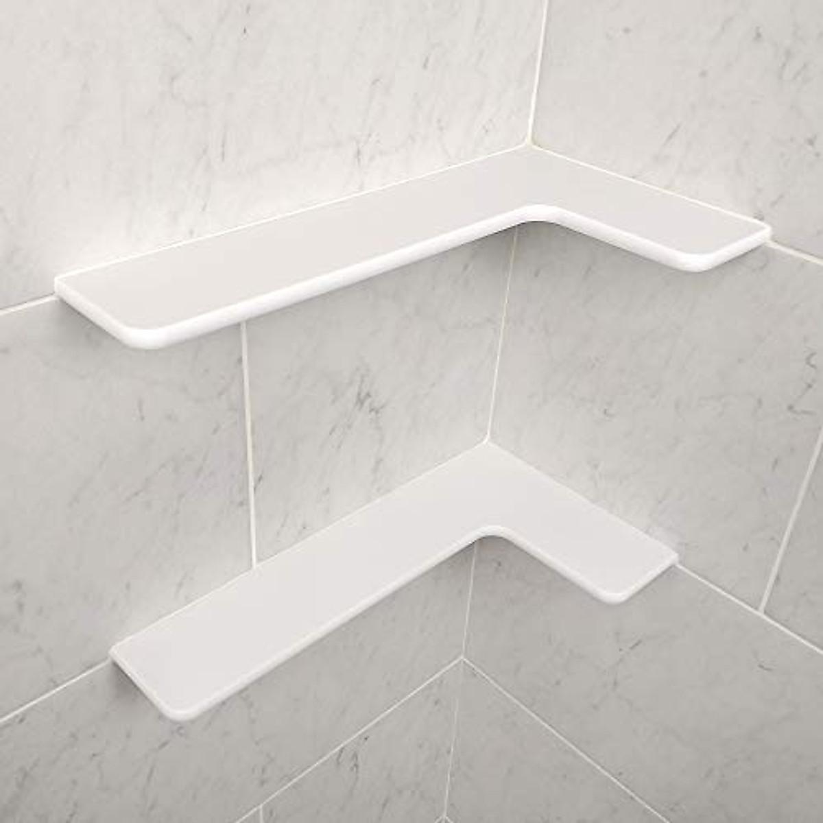 TileWare Products Corner Shelf for Bathroom Shower & Tub - Floating Tile Wall Mount Shelves and Organizer Stand for Shampoo and Other Bathtub Accessories, Acrylic - Bright White