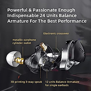 CCA CA24 in-Ear Monitors, 12 BA One Side HiFi in-Ear Earphones with Zinc Alloy Surface Resin Housing, HiFi Stereo IEM Wired Earphones/Earbuds/Headphones for Musician Audiophile(Black with Mic) …