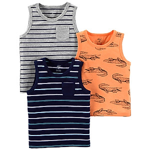 Simple Joys by Carter's Toddler Boys' Tank Tops, Pack of 3, Blue/Orange/Grey, Stripe/Alligator, 3T