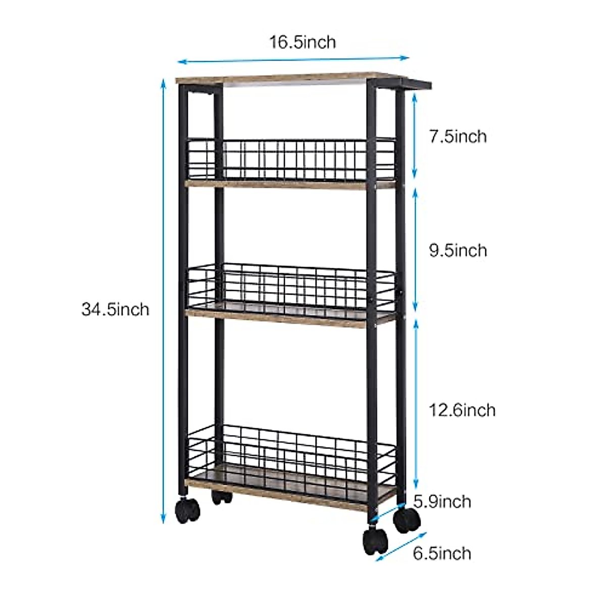 LUMAMU Slim Storage Cart for Small Spaces, 4 Tier Mobile Rolling Cart with Wheels Slide Out Storage Utility Shelves Cart with Wooden for Kitchen Narrow Spaces