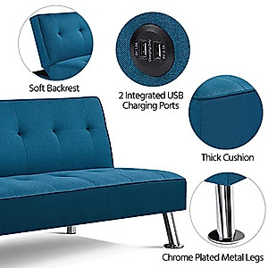 Topeakmart Fabric Futon Sofa, Convertible Futon Bed, Folding Couch, Sectional Sleeper Sofa for Small Space with USB Ports, Folding Sofa for Compact Living Space, Apartment, Office, Living Room Blue