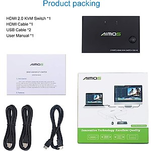 AIMOS KVM Switch 2 Ports, HDMI USB KVM Switcher Support Keyboard Hotkey Switch Way, for 2PC Share One Keyboard Mouse and Monitor, HUD 4K (3840x2160) Supported