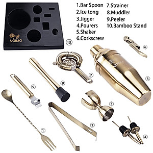 Bartender Kit Cocktail Set, VOIMO Stainless Steel Bronze Wire Drawing Cocktail Shaker Set, 12 Piece Bar Tools Set with Black Bamboo Stand, Cocktail Gift Set for Holiday Day, Home or Bar