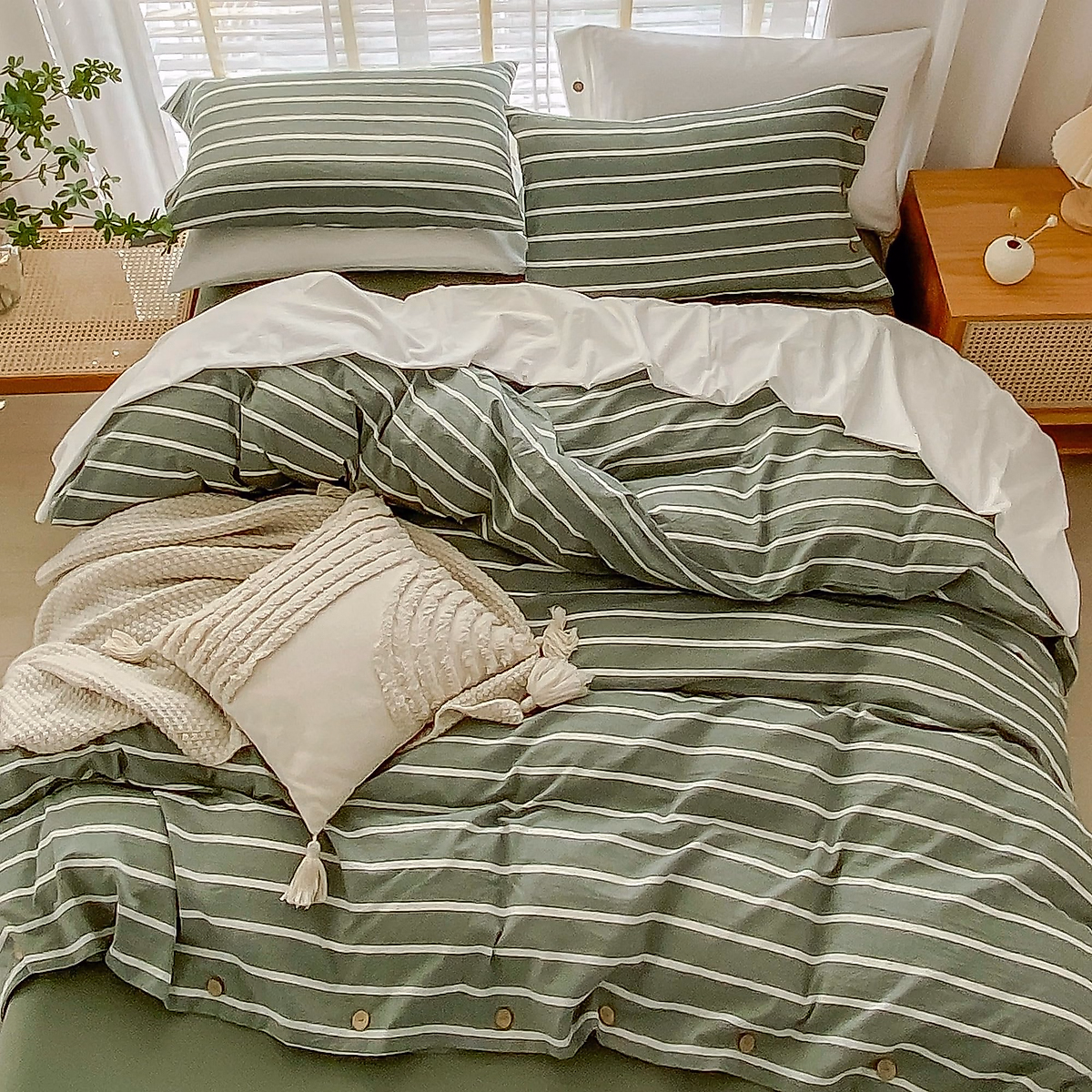 JELLYMONI Bedding Duvet Cover Twin Size - 100% Washed Cotton Linen Like Textured Striped Comforter Cover, 3 Pieces Breathable Soft Bedding Set with Button Closure (Green&White Stripe, Twin 68"x90")