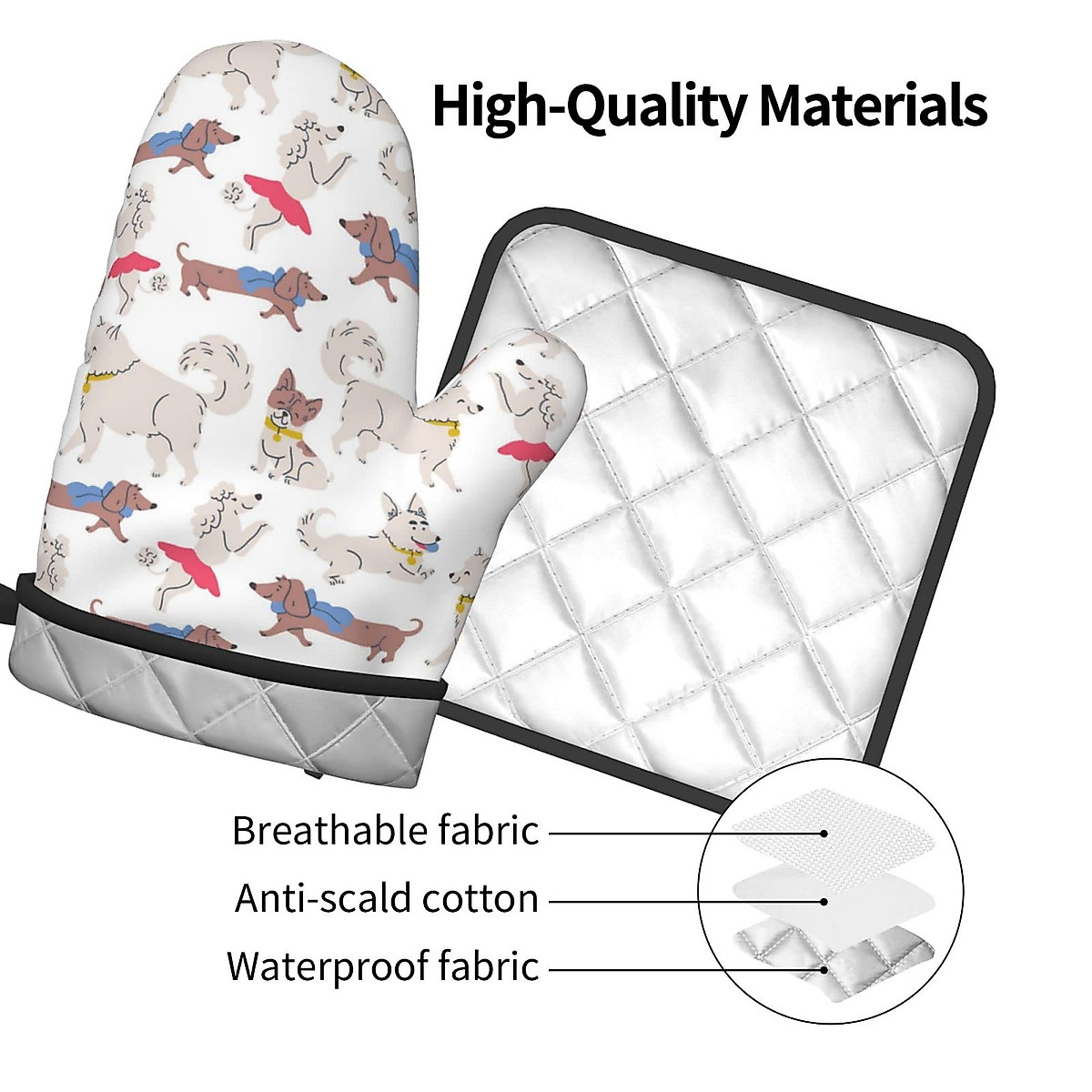 Cute Dog Puppy Oven Mitts and Pot Holders Sets Resistant Hot Pads Potholders Non-Slip Cotton Lining Oven Gloves for Four Seasons Kitchen Baking Cooking Grilling