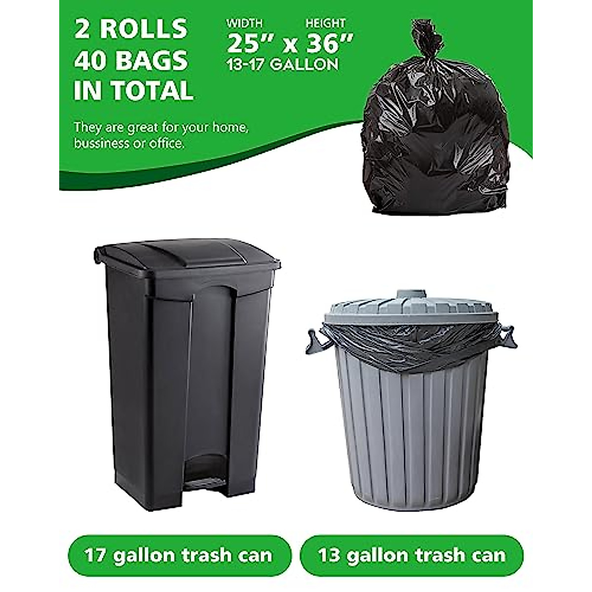 Kitchen Trash Bags 15-17 Gallon 40 Count, AYOTEE Garbage Bags Tall Kitchen Unscented Large plastic Trash Bags recycling bags Wastebasket Bin 40-68 Liners for Kitchen Home Lawn Leaf Bags (Black)
